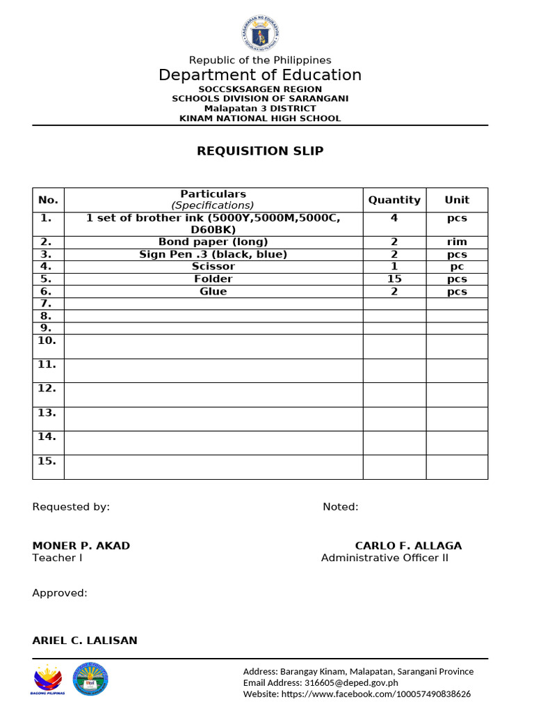 Kinam National High School Requisition Slip | PDF