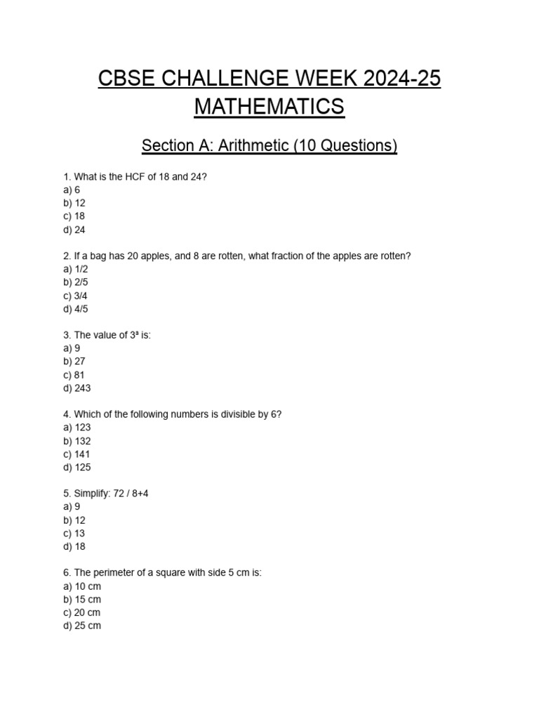 Cbse Challenge Week 2024-25 Mathematics Question Paper | PDF