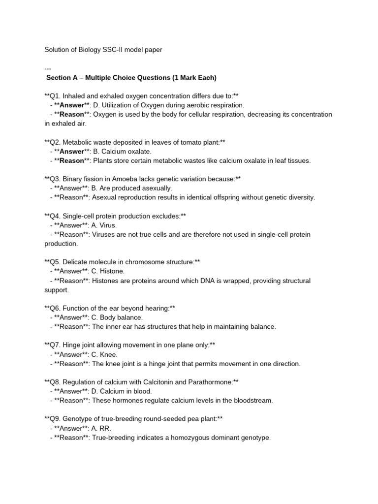 Solution of Biology SSC-II Model Paper | PDF | Vertebral Column | Seed
