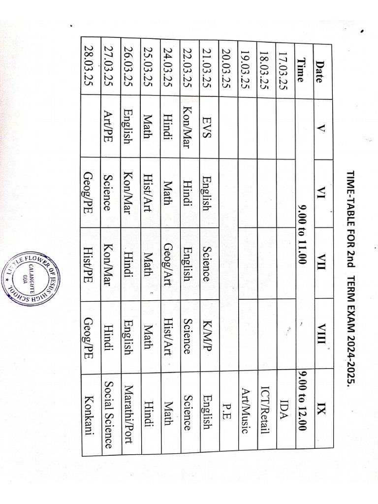 Time Table For 2nd Term Exam 2024-2025 | PDF