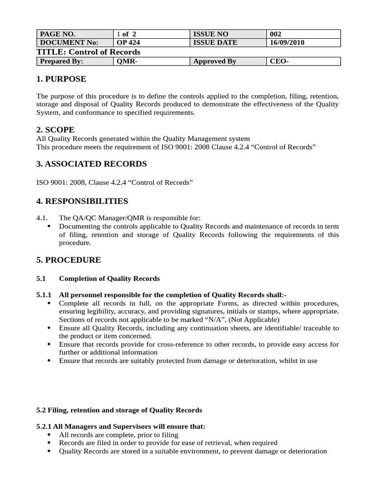 OP 424 Control of Records | PDF | Quality Assurance | Computing