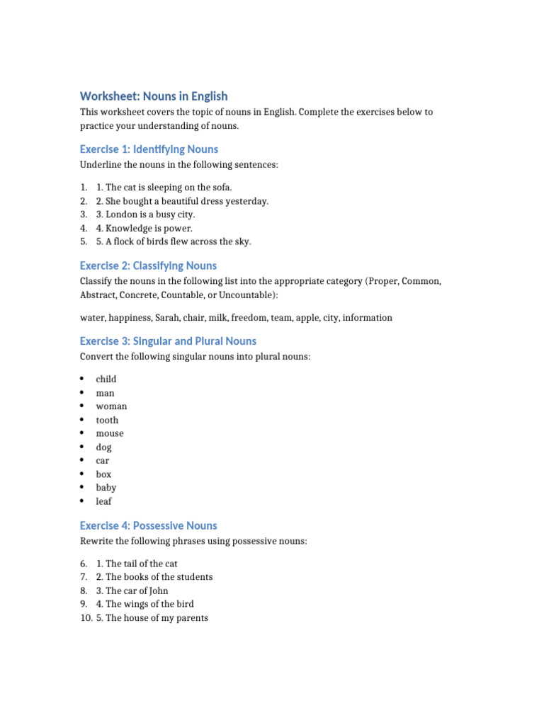 Nouns Practice Worksheet for ESL | PDF
