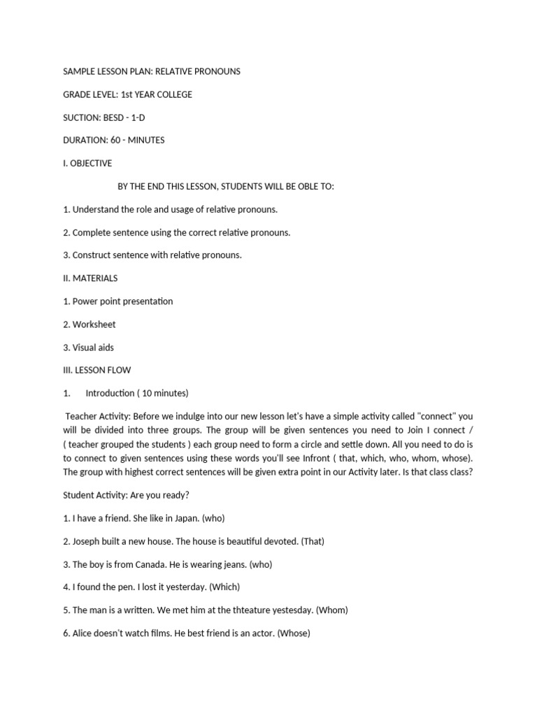 Lesson Plan on Relative Pronouns | PDF | Linguistics | Syntax