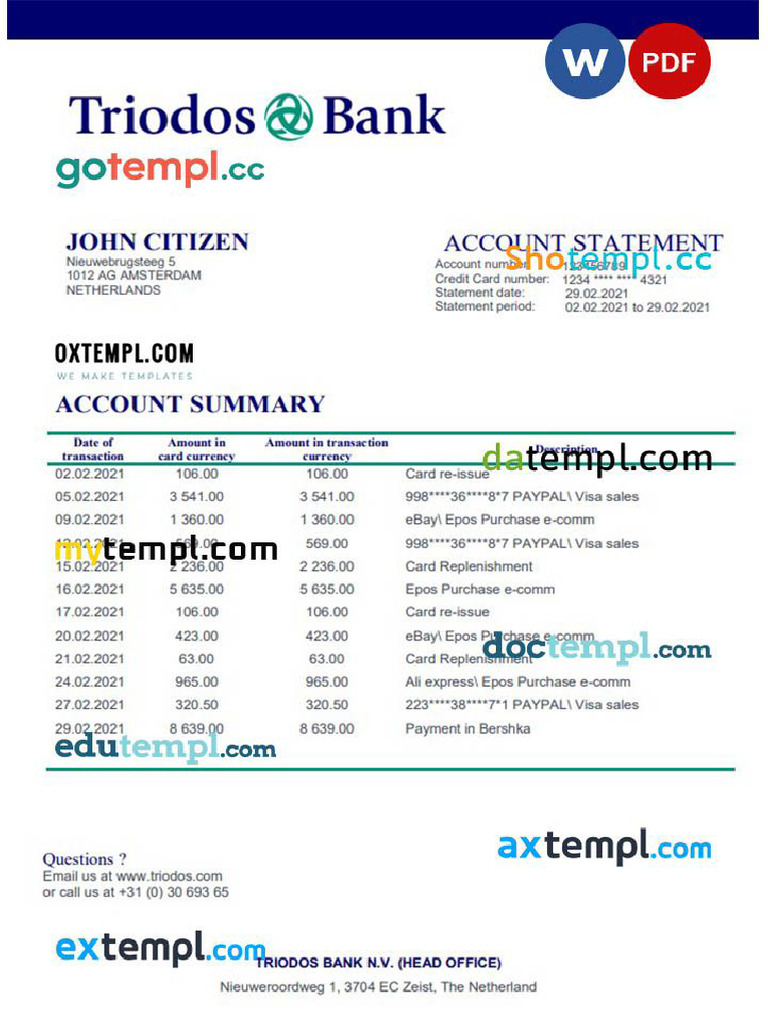 Doctempl - Netherlands Triodos Bank Statement Template Word and PDF | PDF