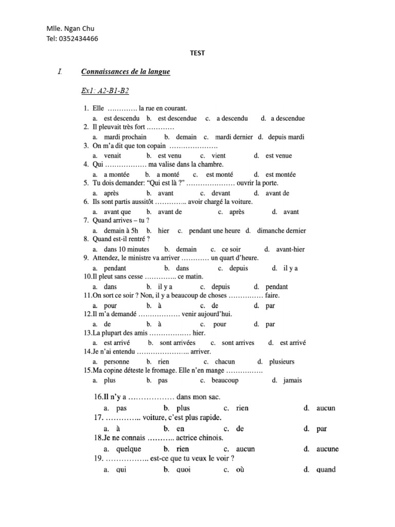 I. Ex1: A2-B1-B2: Connaissances de La Langue | PDF