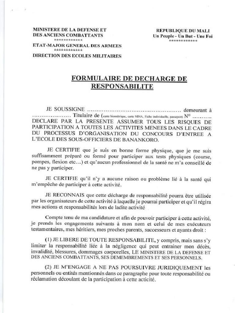 Formulaire de décharge de responsabilité | PDF