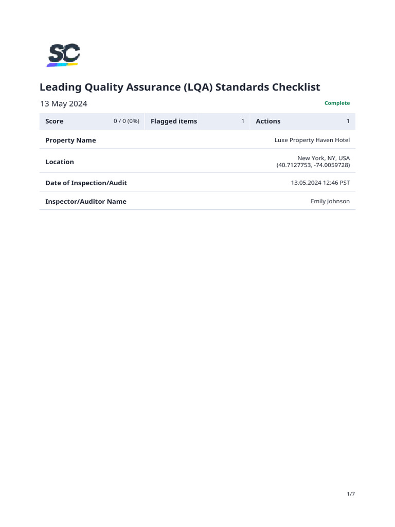 LQA Standards Checklist Sample Report SafetyCulture | PDF ...