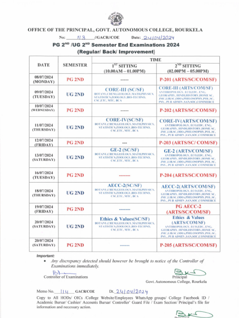 Pg2 Ug2 2024 Exam Schedule | PDF