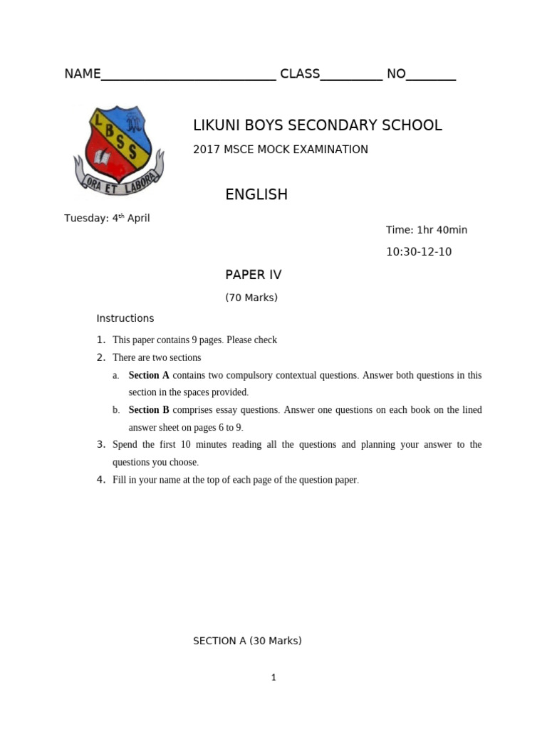 2017 MSCE English Mock Exam Paper | PDF