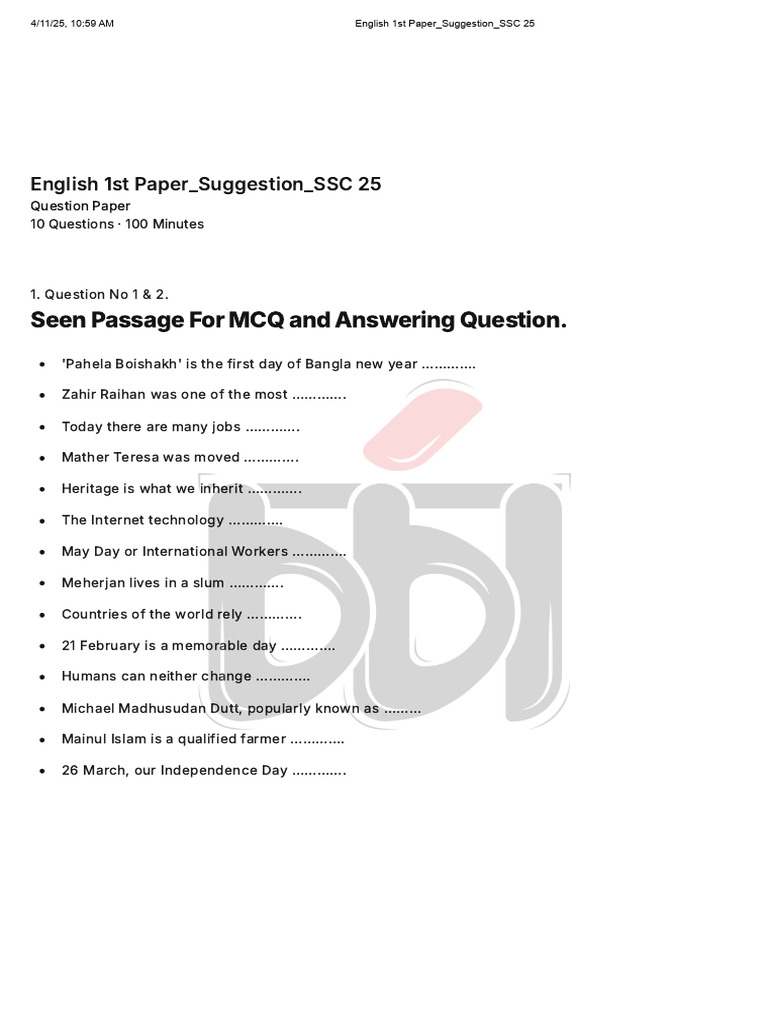 SSC English 1st Paper Exam Guide | PDF