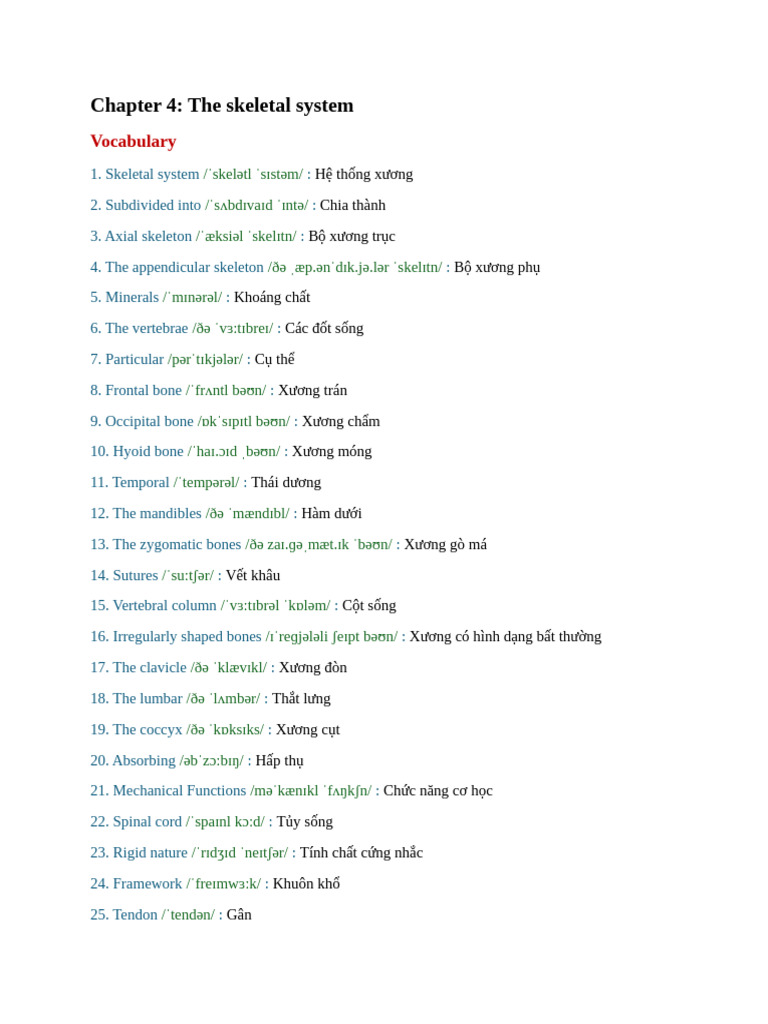 Day 2 - Vocabulary - The Skeletal System | PDF