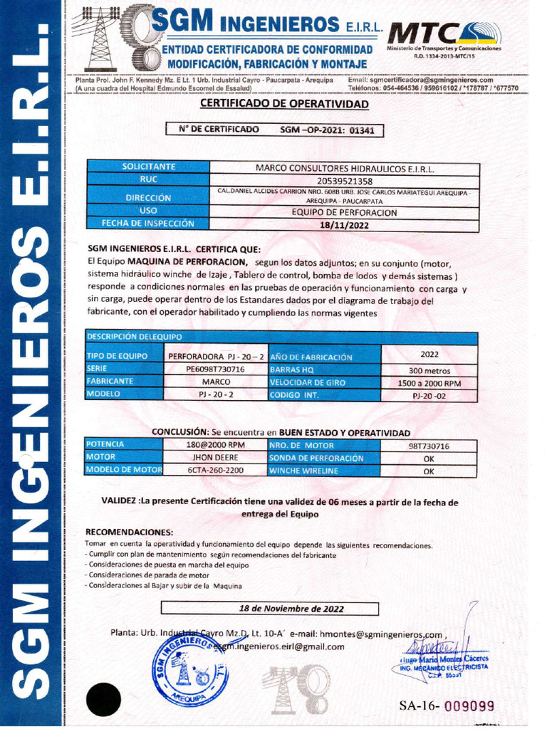 Cert - Operatividad - PJ 202 | PDF