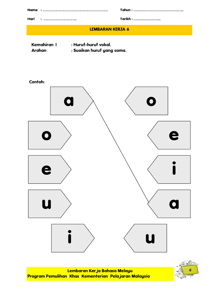 BM Lembaran Kerja 6 Huruf Vokal | PDF