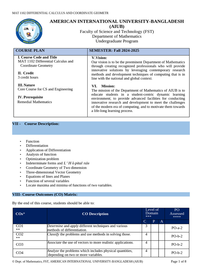 MAT 1102 - Differential Calculus and Coordinate Geometry - Fall-24-25 ...