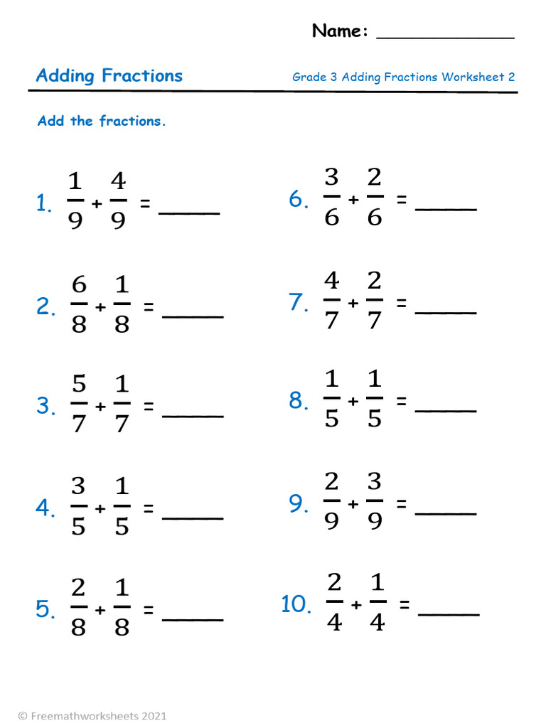 Grade 3 Adding Fractions With Same Denominator Worksheet 2 | PDF