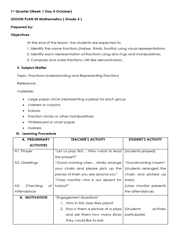 Learing Plan 4A Lesson Plan Grade 3 | PDF | Cognition | Mathematics