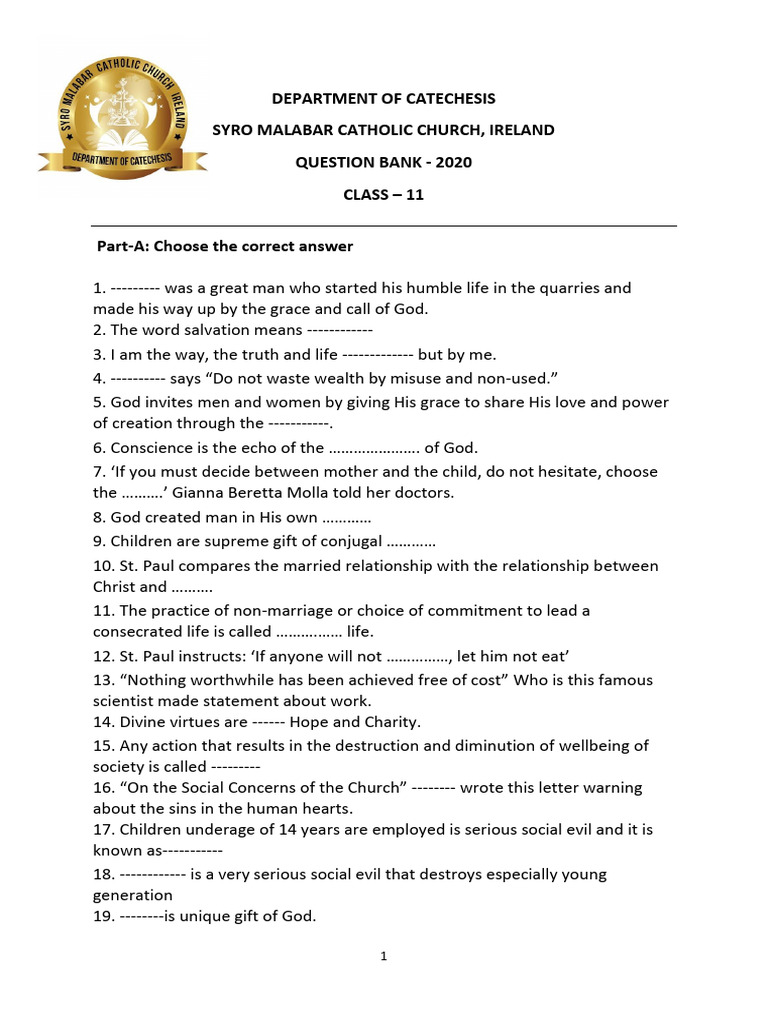 Class 11 Question Bank 2020 | PDF | Catholic Church | Theology