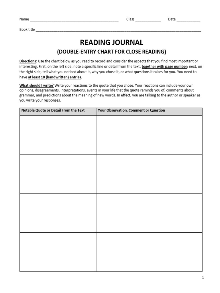 Reading Journal Template for Students | PDF
