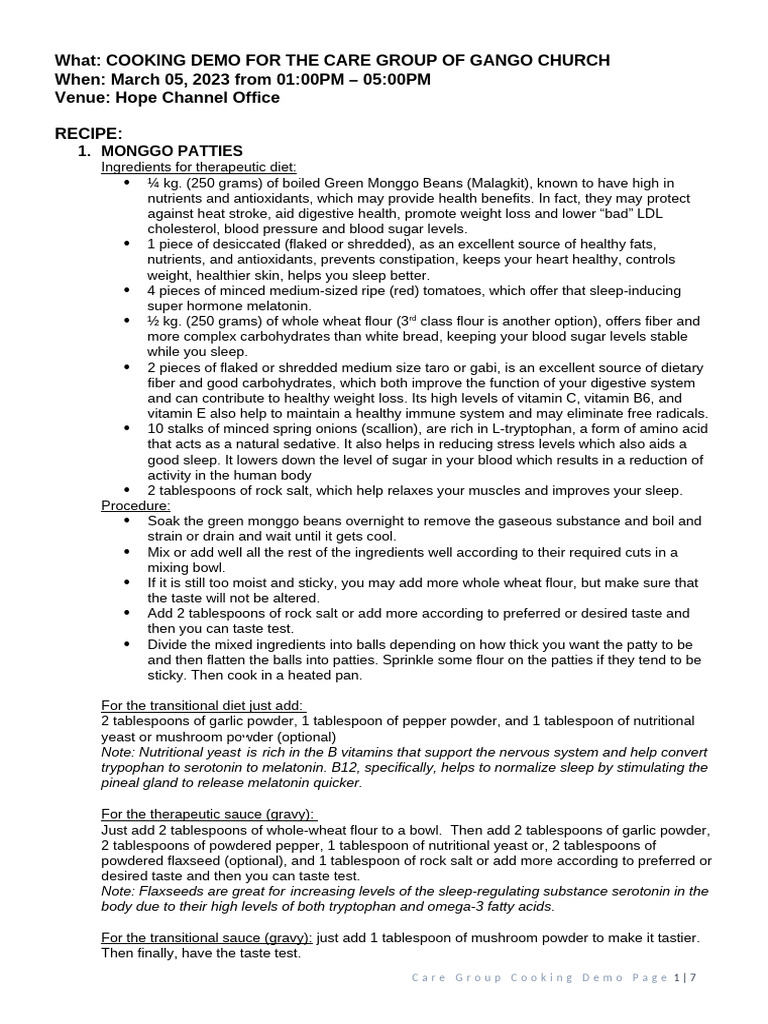 Cooking Demo Recipes for Gango Church Care Group 3.5.2023 1 | PDF ...