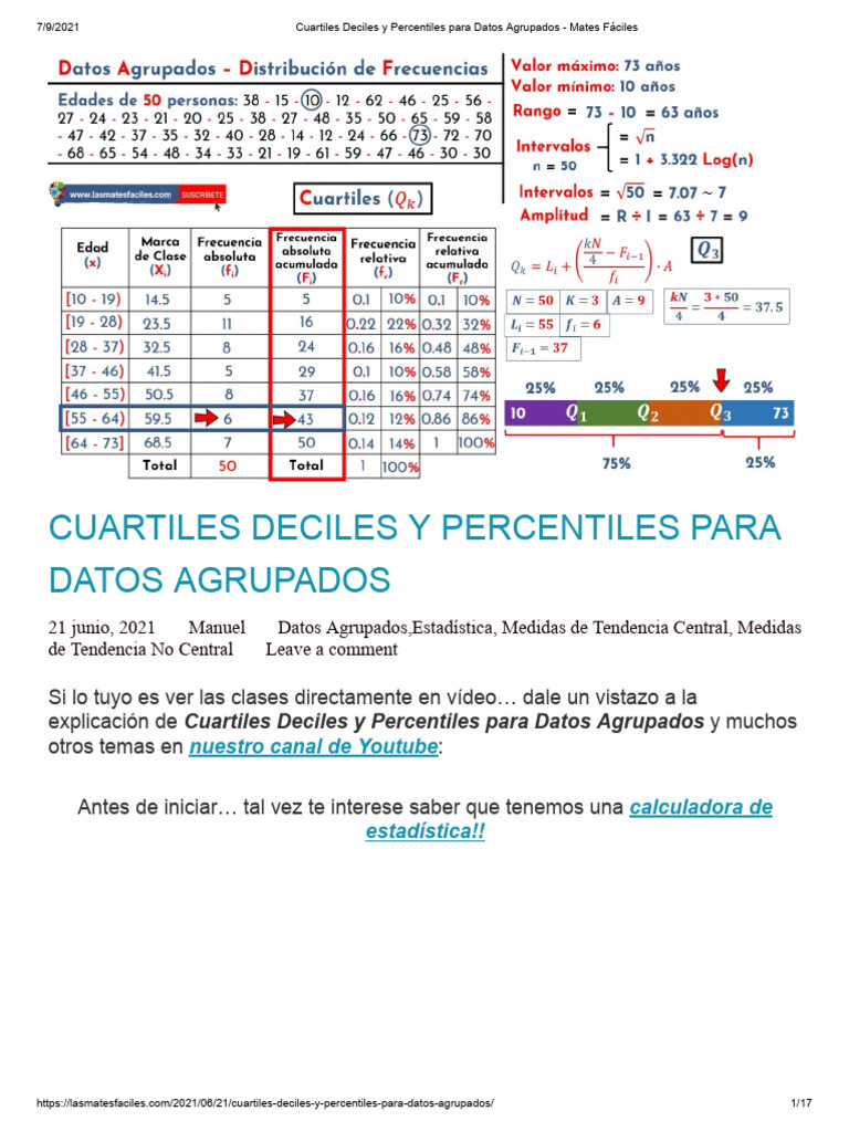 Cuartiles Deciles y Percentiles Para Datos Agrupados - Mates Fáciles ...