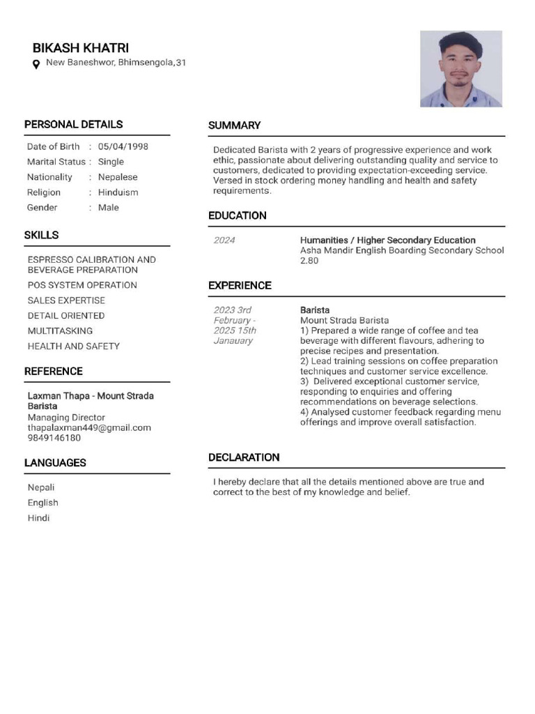 Bikash Khatri - CV - Barista | PDF