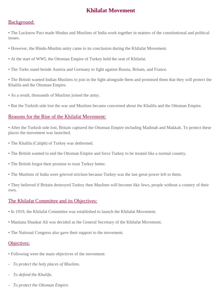 History Notes (Khilafat Movement) | PDF | Caliphate | Indian Nationalism