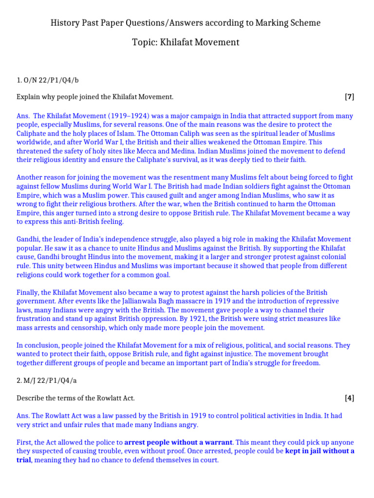 History Solved Past Papers Questions (Khilafat Movement) | PDF ...