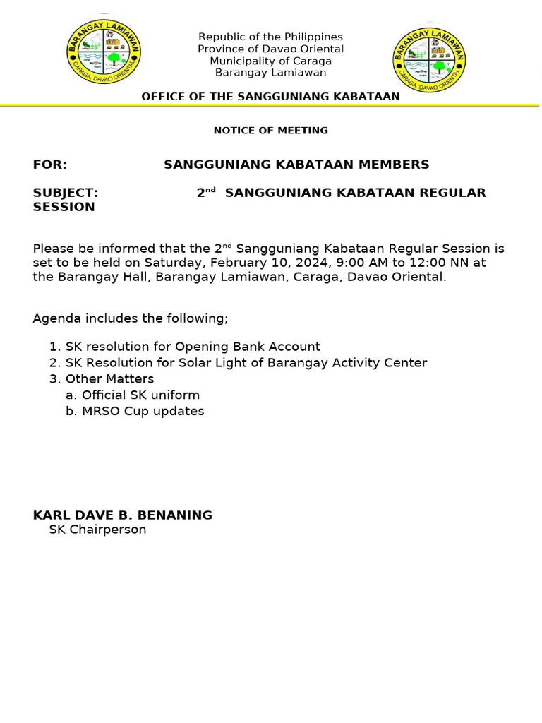SK Regular Session Notice - February 2024 | PDF