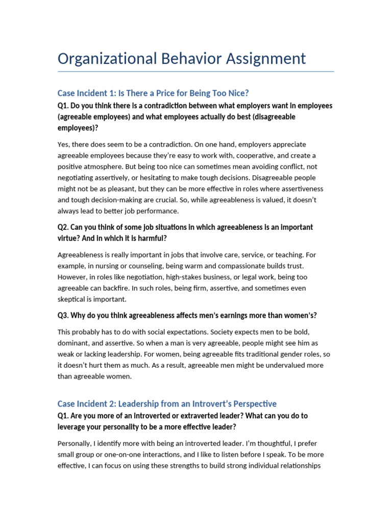 Organizational Behavior Assignment | PDF | Extraversion And Introversion | Leadership