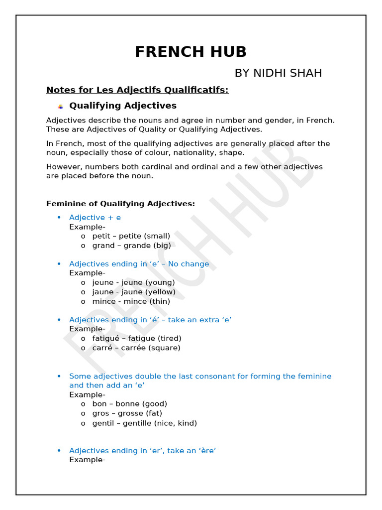 Notes - Les Adjectifs Qualificatifs | PDF | Adjective | Semantic Units