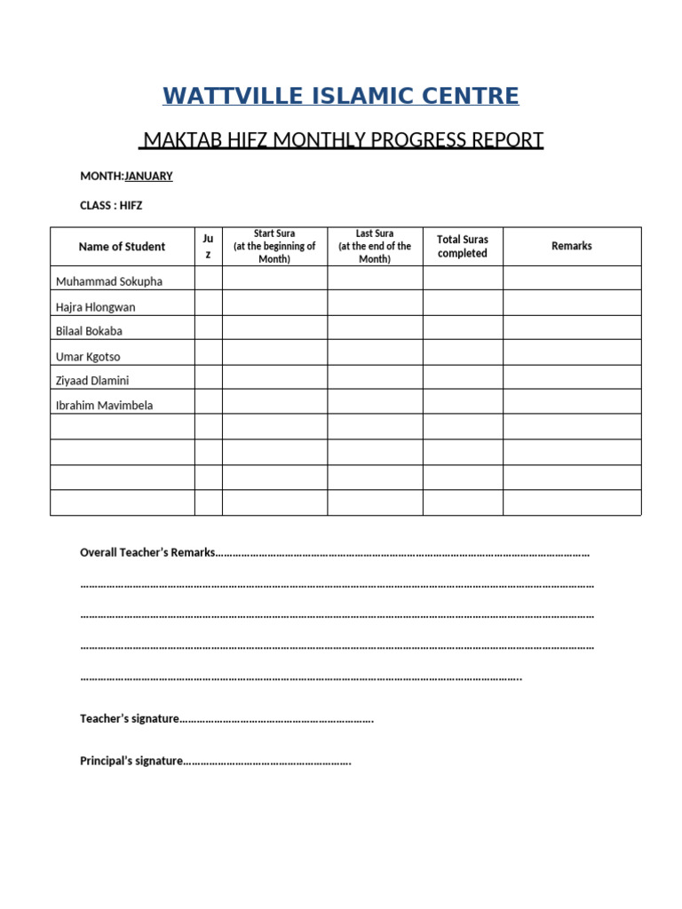 Hifz Monthly Progress Report | PDF