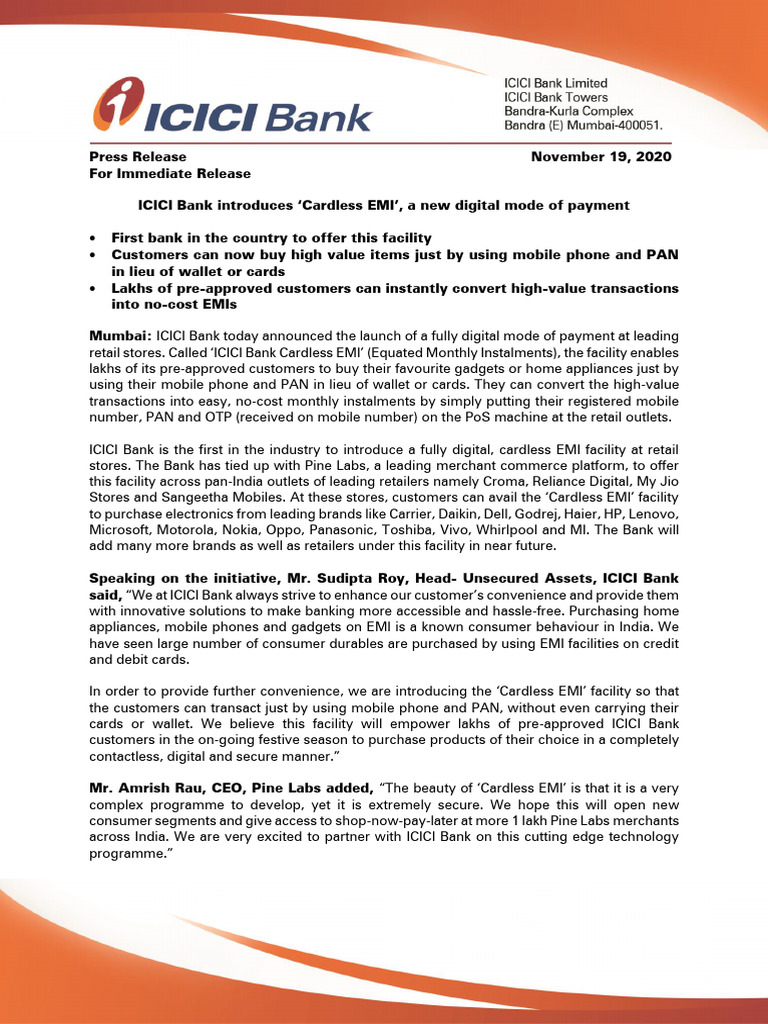 Introduces Cardless Emi a New Digital Mode of Payment | PDF | Banks ...