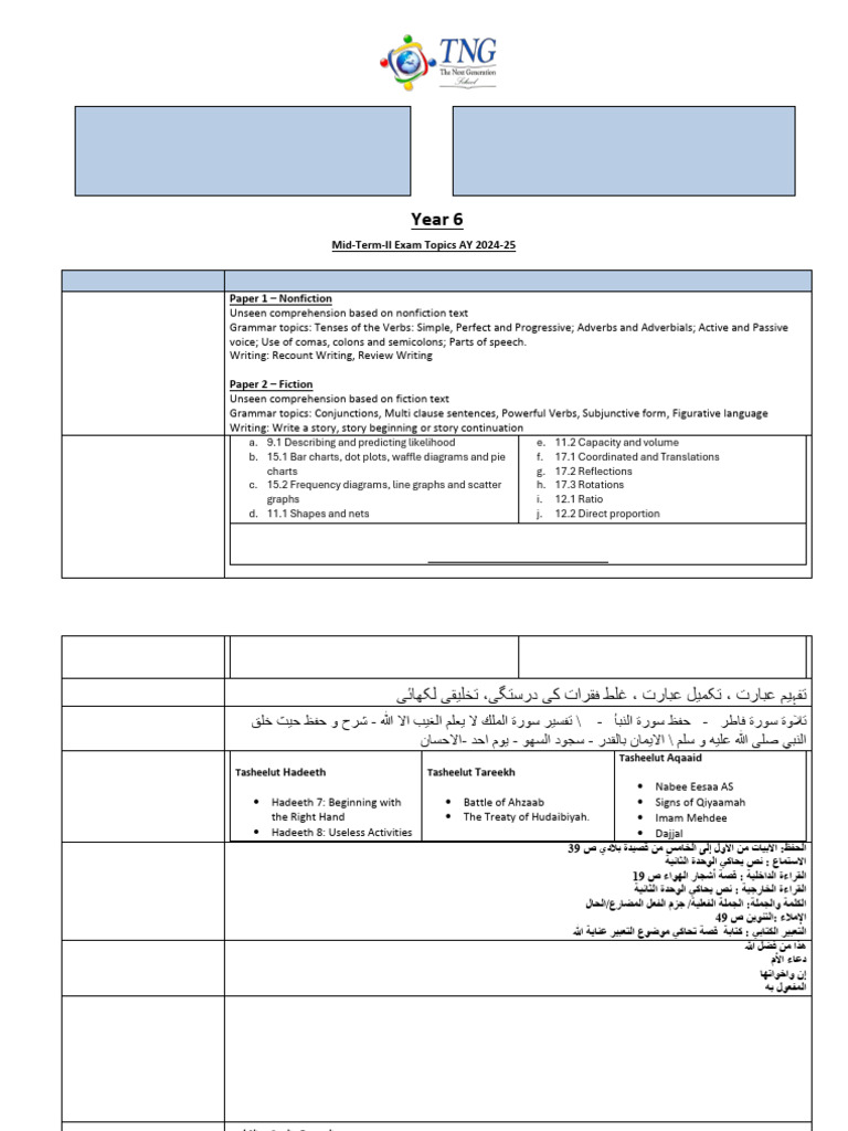 Mid-Term II - Exam Topics Year-6 AY 2024-25 | PDF | Linguistics | Grammar