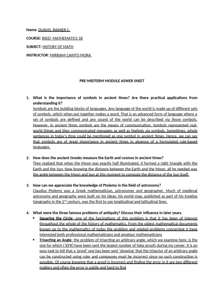 (Duavis) Pre-Midterm Module Answer Sheet 2021-2022 | PDF | Sphere | Mathematics