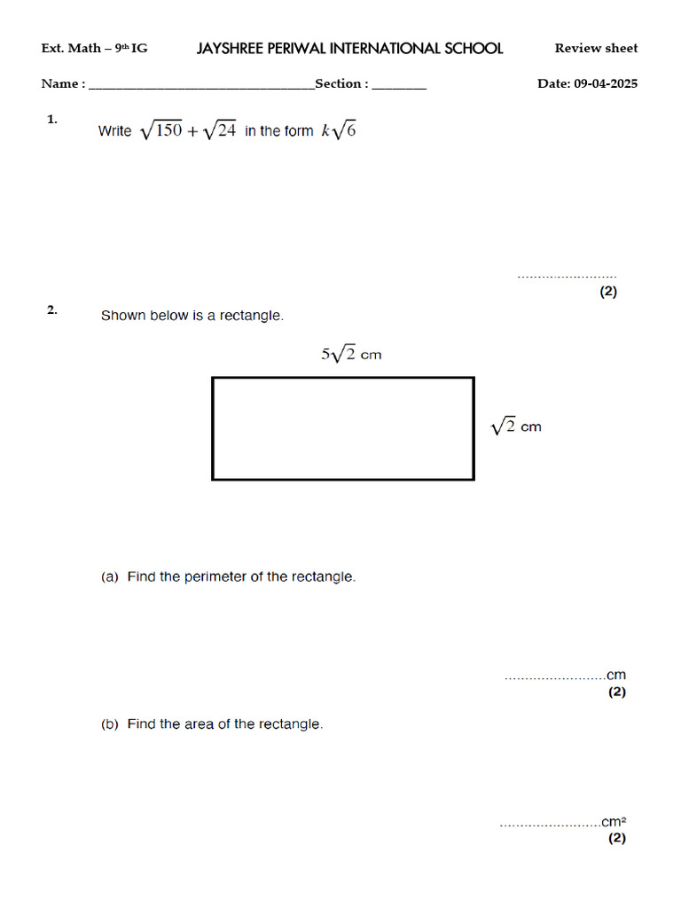 Grade 9th - Ext. Math Review Sheet - 09-04-2025 | PDF