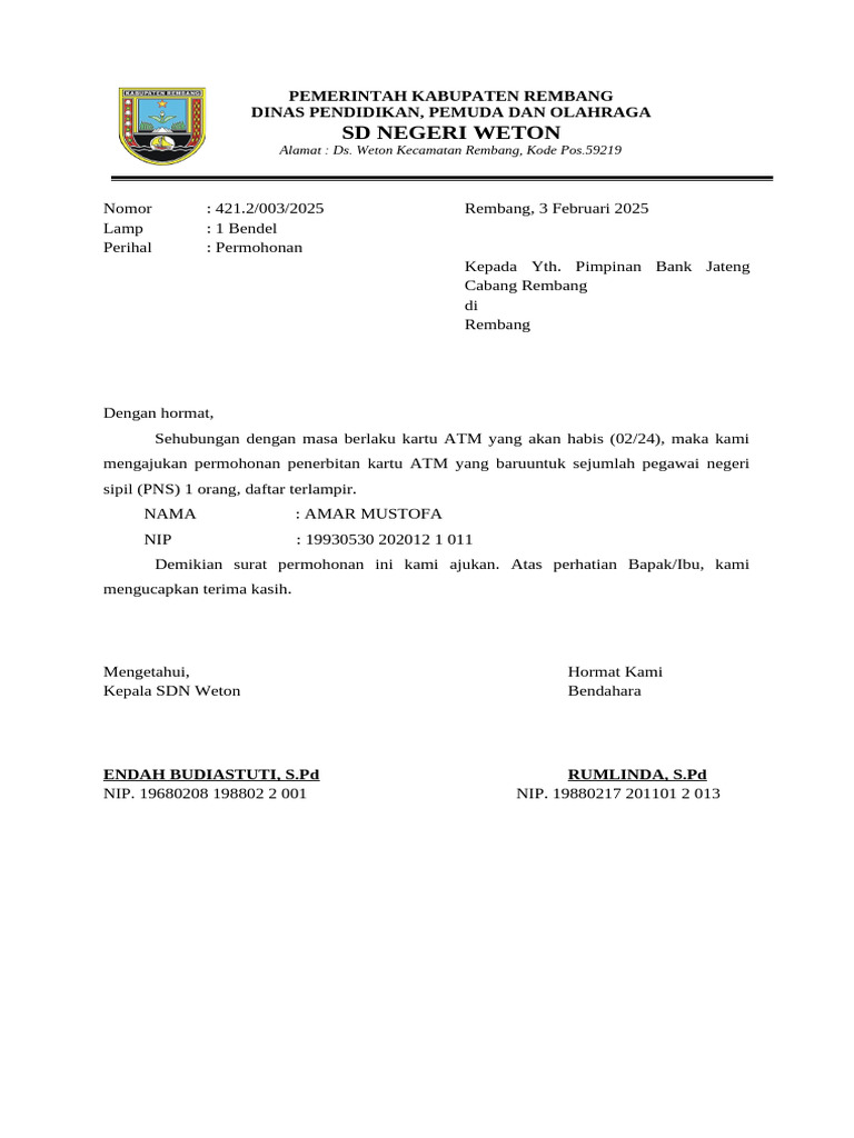 Surat Permohonan Pergantian ATM | PDF