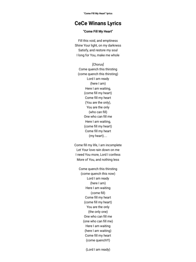 CeCe Winans: Come Fill My Heart Lyrics | PDF