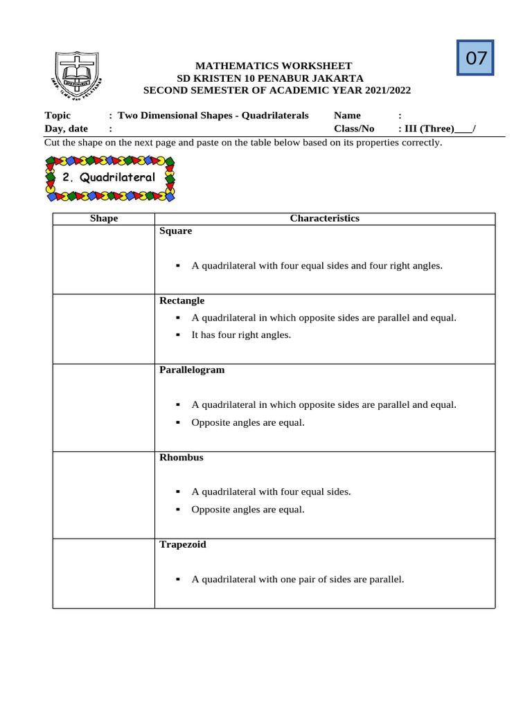 07 - WS 2D Shapes (QUADRILATERAL) | PDF