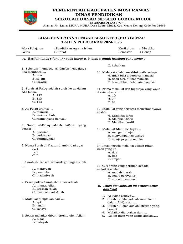 Soal PTS PAI Kelas 2 Genap-Kumer @ | PDF