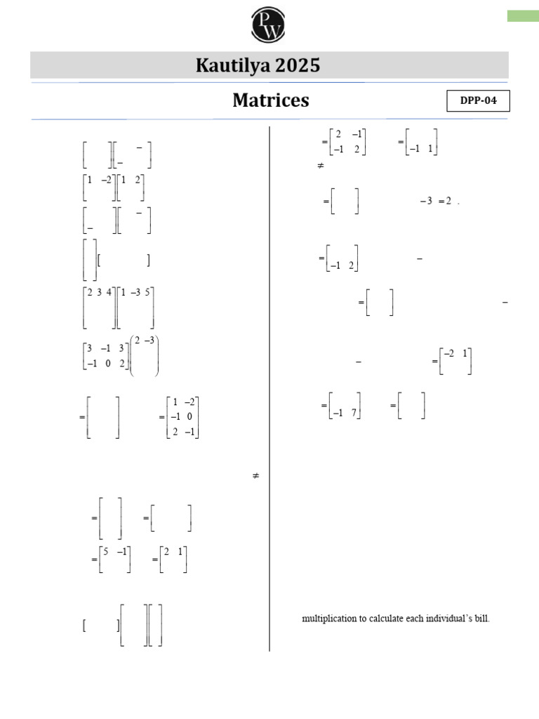 Matrices - DPP 04 (Of Lecture 06) - Kautilya 2025 | PDF | Functions And Mappings | Mathematics