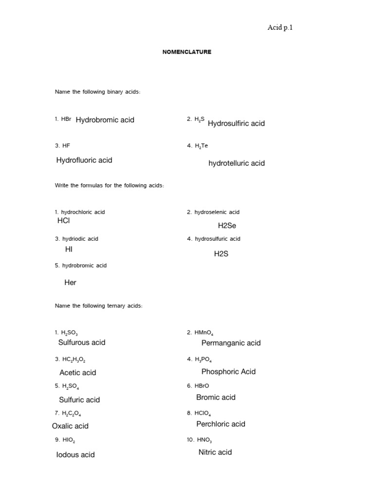 Acid Worksheet 1 | PDF