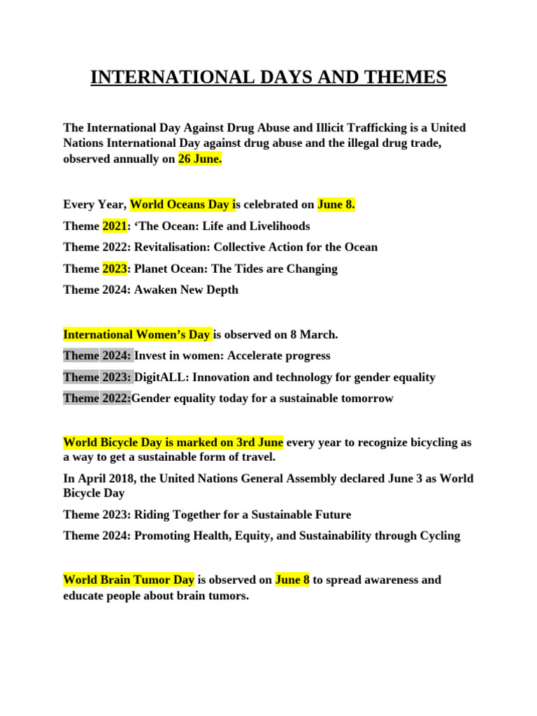 International Days and Themes Overview | PDF | Hiv/Aids | Physical Therapy