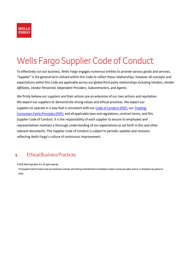 Wells Fargo Supplier Code of Conduct Guide | PDF | Supply Chain ...