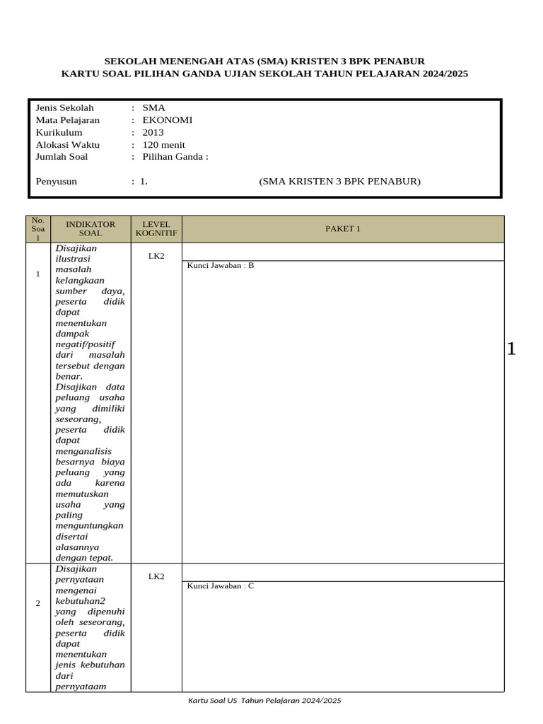 Kartu Soal (Mapel) | PDF