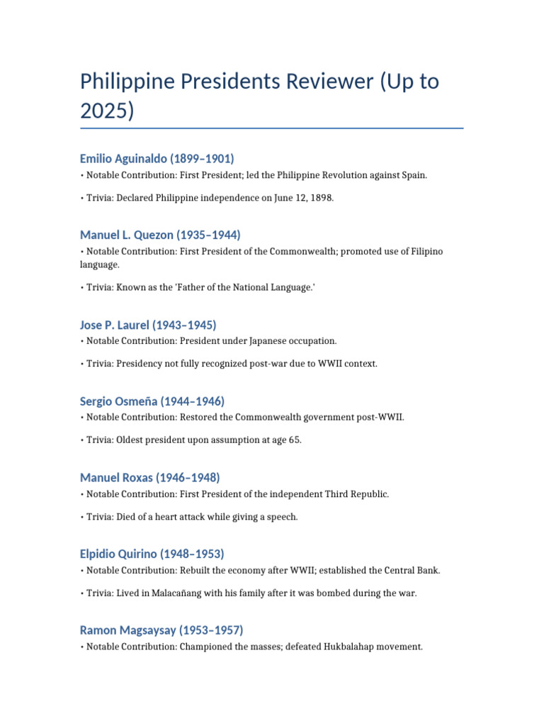 Philippine Presidents Reviewer 2025 | PDF | President Of The ...
