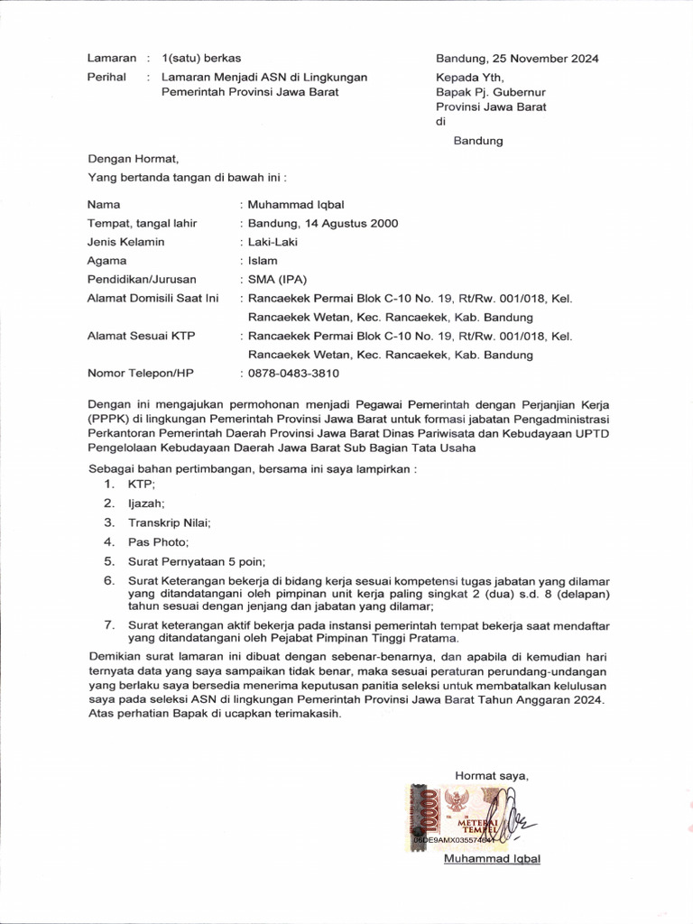 Surat Lamaran Muhammad Iqbal | PDF