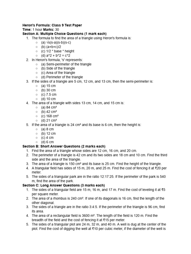 Heron's Formula Test | PDF