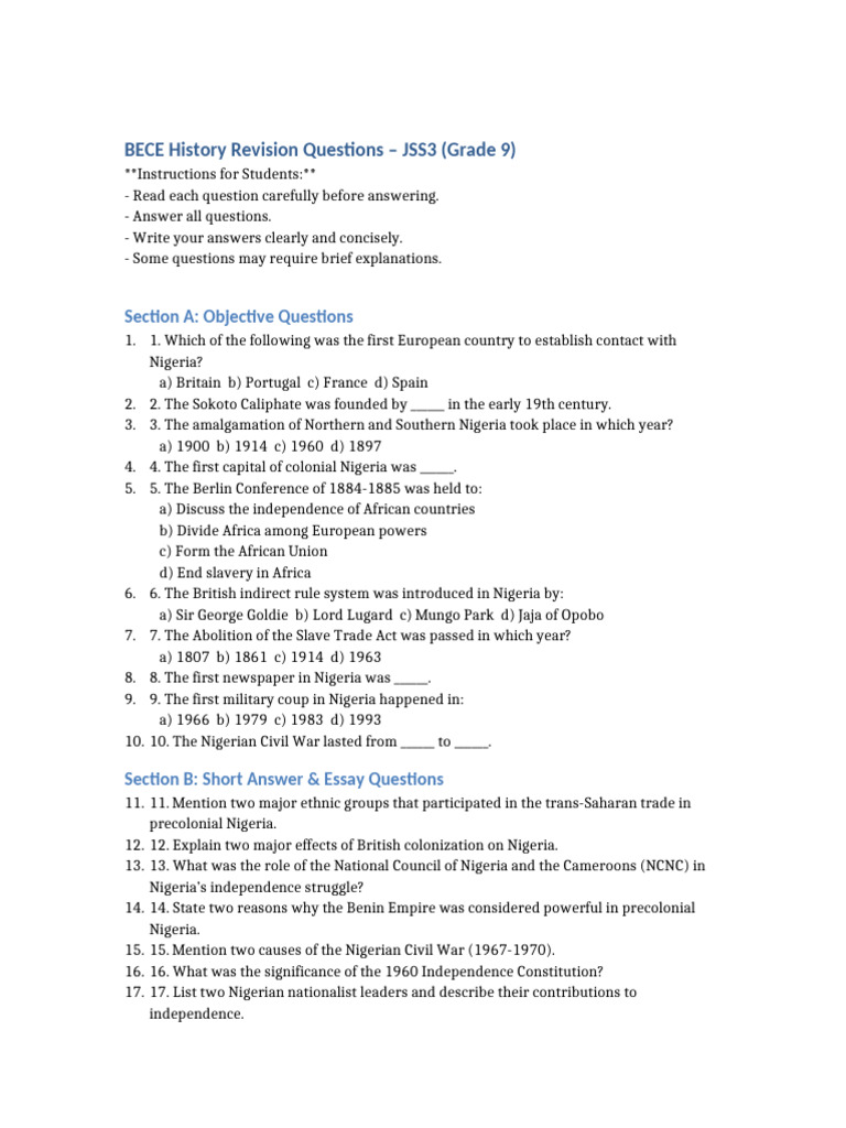 BECE History Questions JSS3 | PDF | Nigeria | Slavery