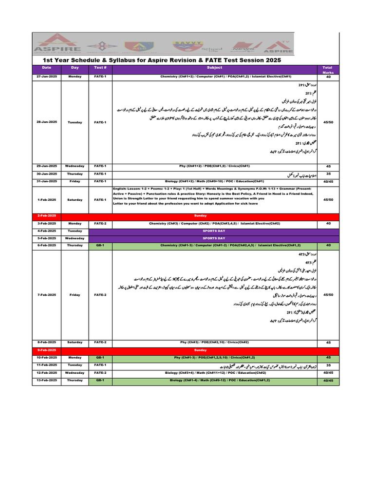 1st Year Schedule & Syllabus For Aspire Revision & FATE Test Session ...