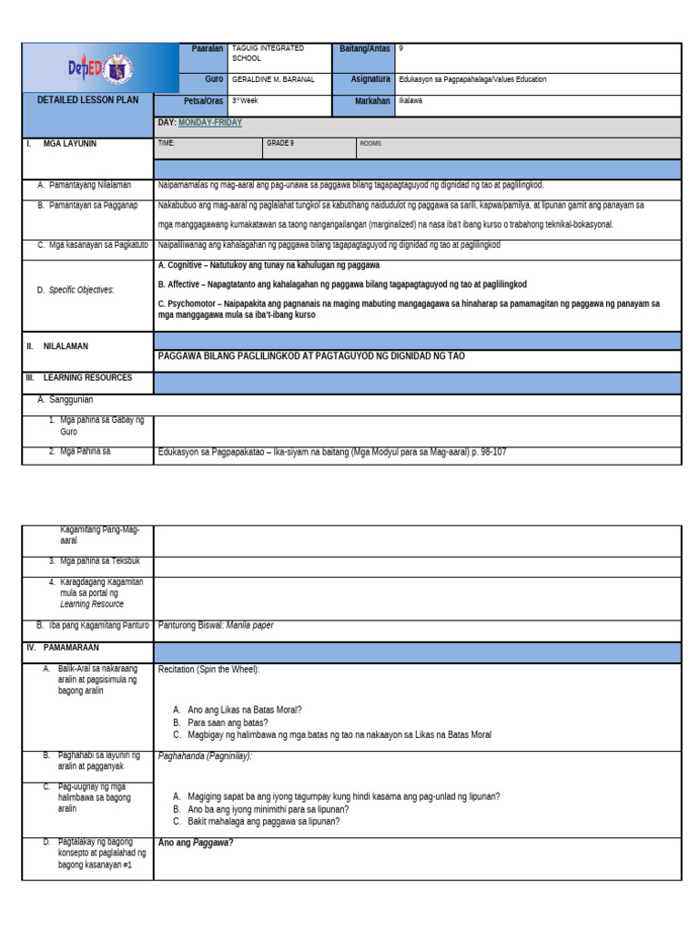 Grade 9 Values - Third Week (2nd Quarter) - Edited | PDF